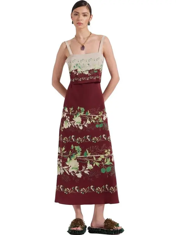 La DoubleJ Woodland Placée Crepe De Chine Midi Dress - Burgundy