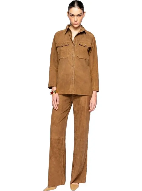 PAULA Frank Caramel Café Embroidered Suede Overshirt - Brown