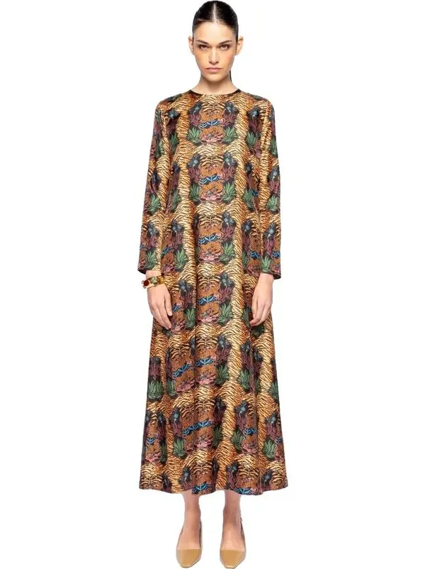 PAULA Dreamframe Print Silk Twill A-line Maxi Dress - Brown