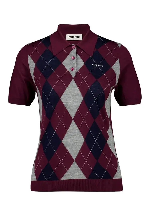 Miu Miu Argyle Wool Polo Shirt - Burgundy