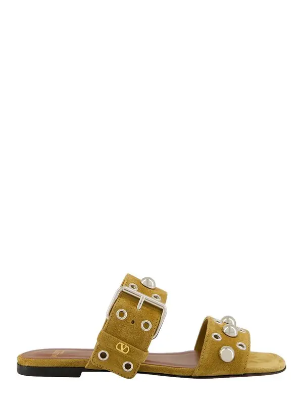 Valentino Garavani Crust Leather Studded Slide Sandals - Brown