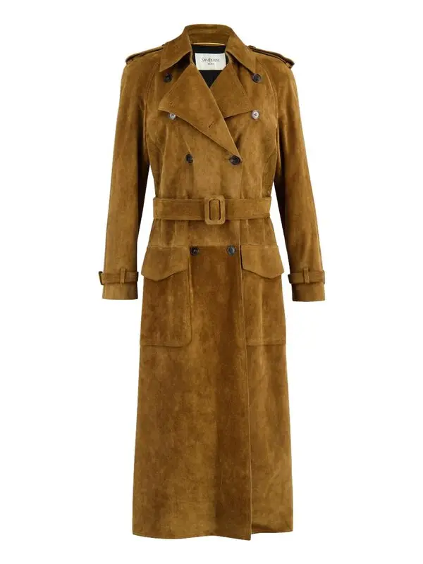 Saint Laurent Suede Double-breasted Trench Coat - Brown