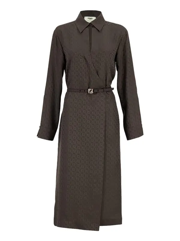 Fendi Ff Jacquard Silk Midi Shirt Dress - Brown