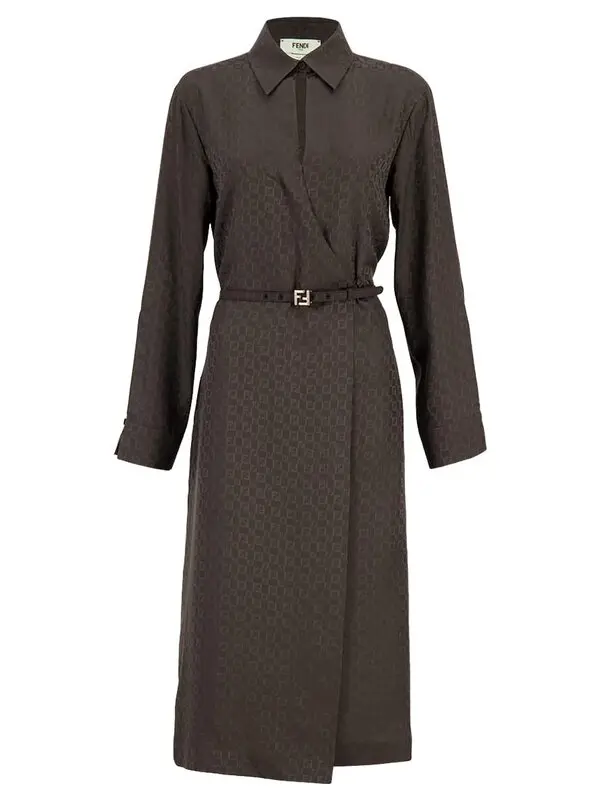 Fendi Ff Jacquard Silk Midi Shirt Dress - Brown
