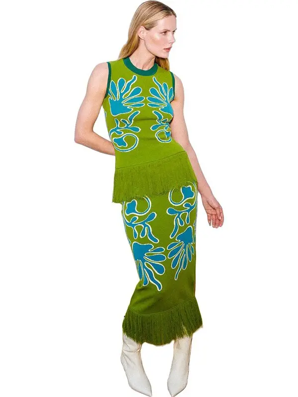 PAULA Jacquard Pencil Skirt With Fringes - Blue