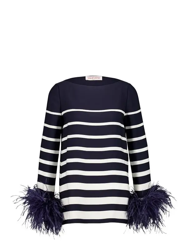 Valentino Garavani Striped Feather-trimmed Blouse - Blue