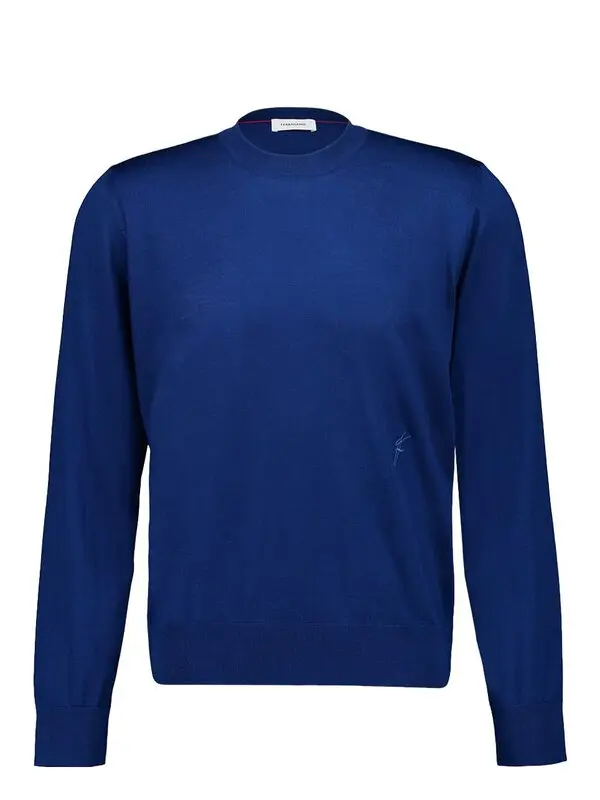 FERRAGAMO Teal Wool Crew Neck Sweater - Blue