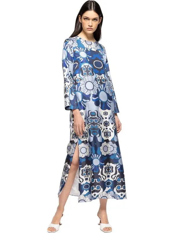 PAULA Shirley Flora Mix Printed Silk Twill A-line Dress - Blue