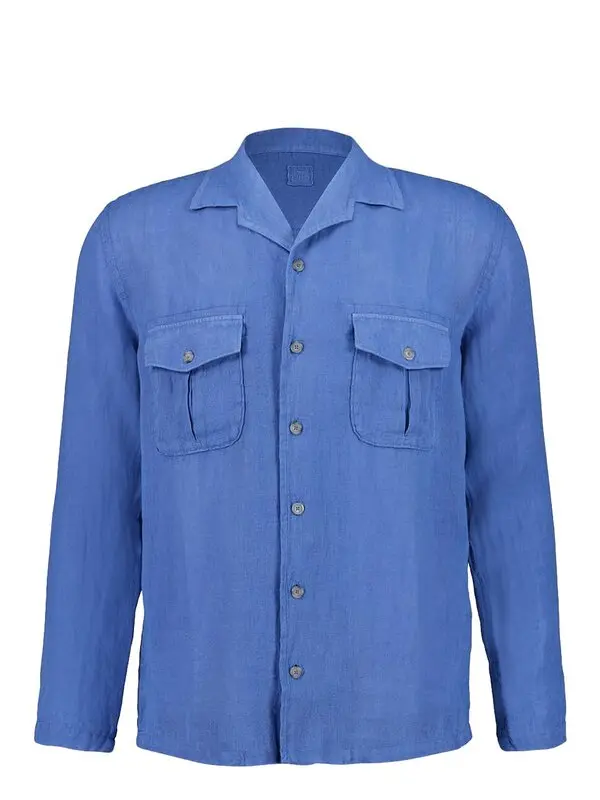 120% Lino Indigo Long-sleeve Linen Shirt With Front Pockets - Blue