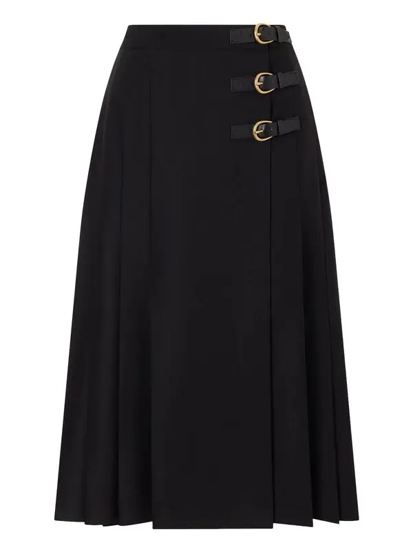 Chloé Pleated Leather-trimmed Grain De Poudre Wool Midi Skirt - Black