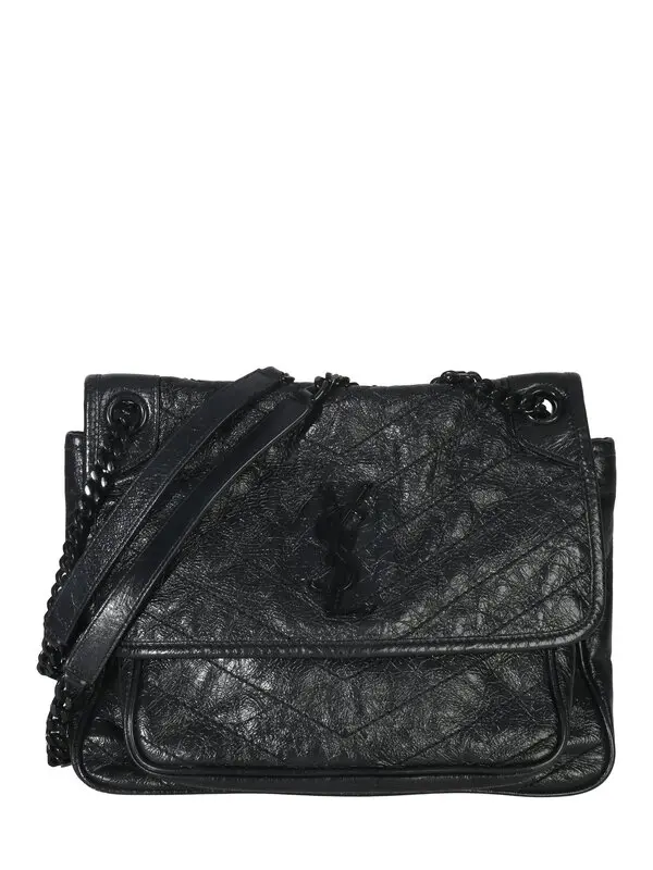 Saint Laurent Crinkled Calfskin Matelasse Niki Chain Satchel - Black