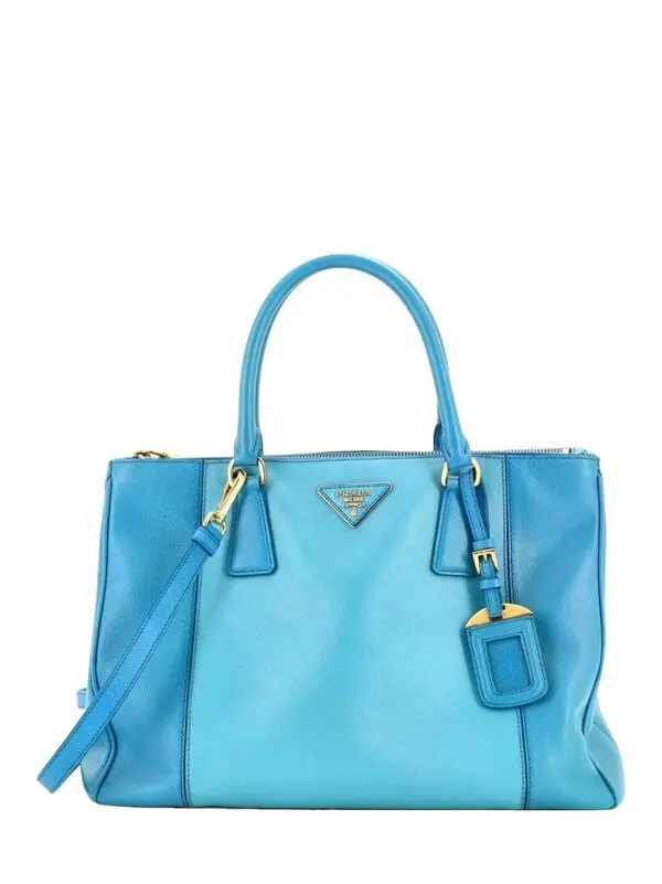 Prada Bicolor Double Zip Lux Saffiano Leather Medium Tote Bag - Blue