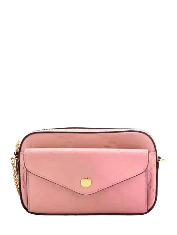 Gucci Front Pocket Chain Shoulder Bag Jumbo Gg Embossed Super Mini - Pink