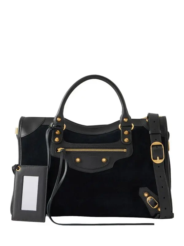 Balenciaga Le City Studded Leather-trimmed Suede Shoulder Bag - Black