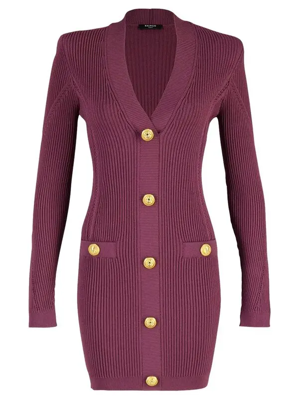 Balmain Ribbed Buttoned Bodycon Dress - Purple