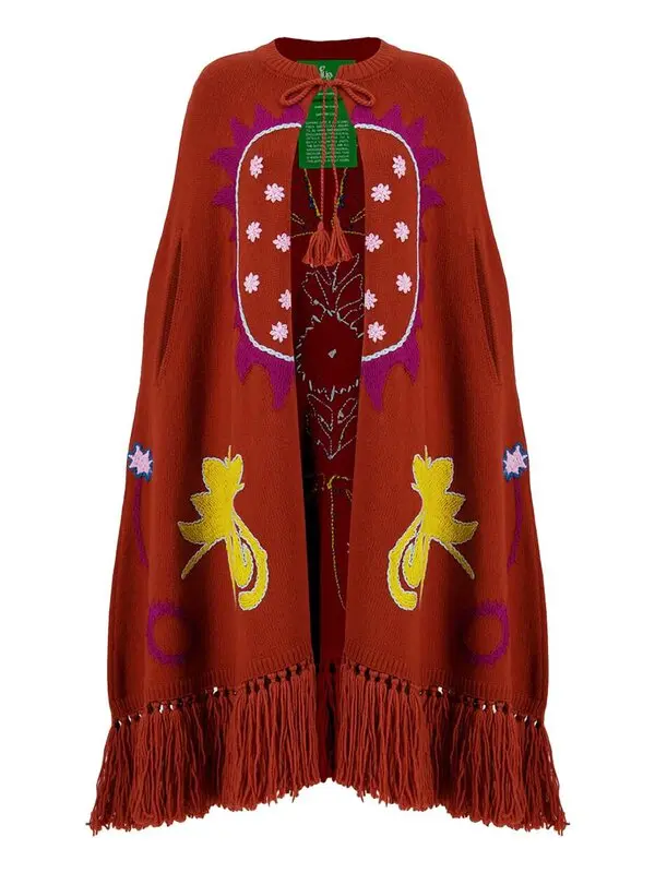 PAULA Hand-embroidered Knitted Cape - Orange