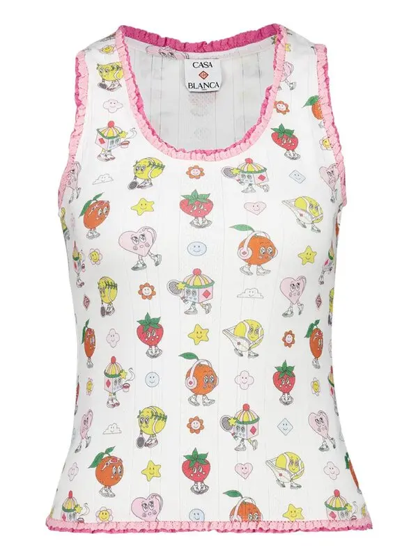 Casablanca Cartoon Print Frill Tank Top - Multicolour