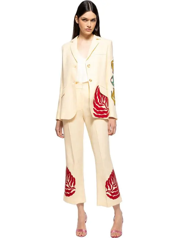 PAULA Linen Flared Pants With Embroidered Patches - Multicolour
