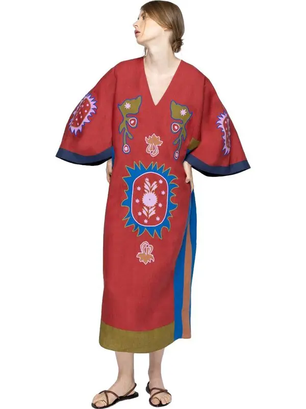 PAULA Dahlia Linen Dress With Embroidered Patches - Multicolour