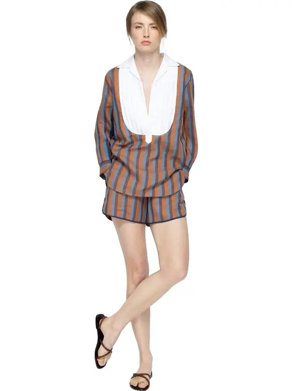 PAULA Bella Blue Stripes Embroidered Linen Shirt With Bib - Multicolour
