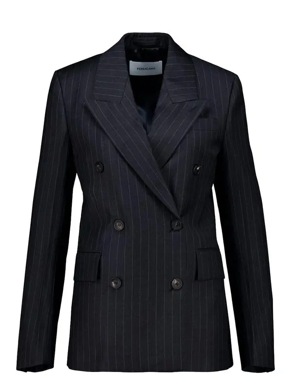 FERRAGAMO Pinstripe Wool Double-breasted Blazer - Grey