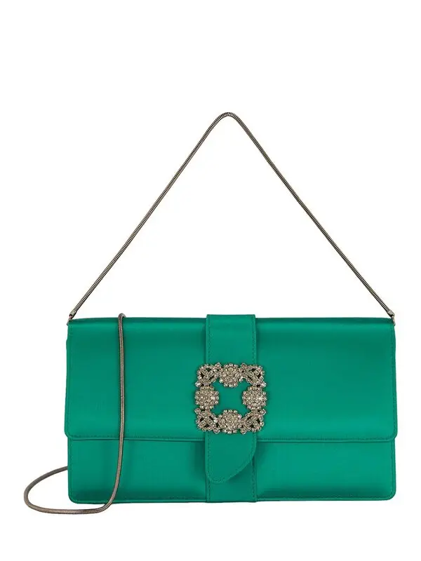 Manolo Blahnik Capri Satin Jewel Buckle Clutch - Green
