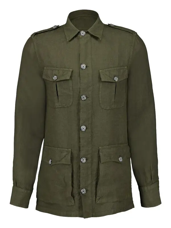120% Lino Linen Military Jacket With Pockets - Green