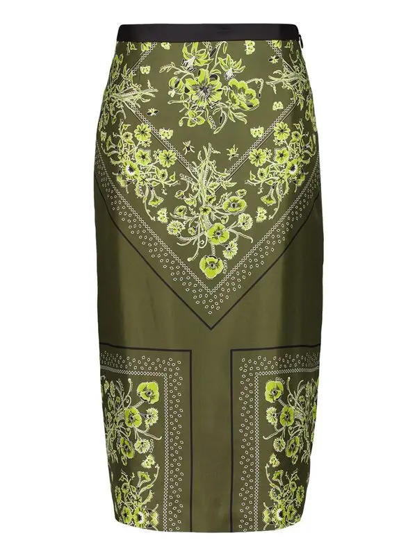 Gucci Forest Floral Bandana Silk Midi Skirt - Green