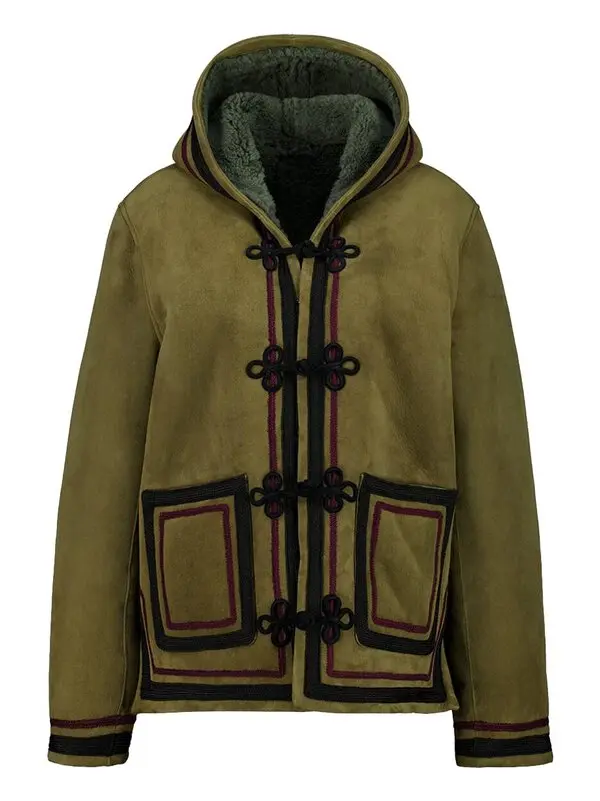 BAZISZT Khaki Shearling Herans Hooded Jacket - Green