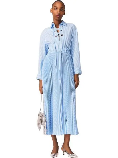 Maje Striped Pleated Maxi Shirt Dress With Eyelets - Blue