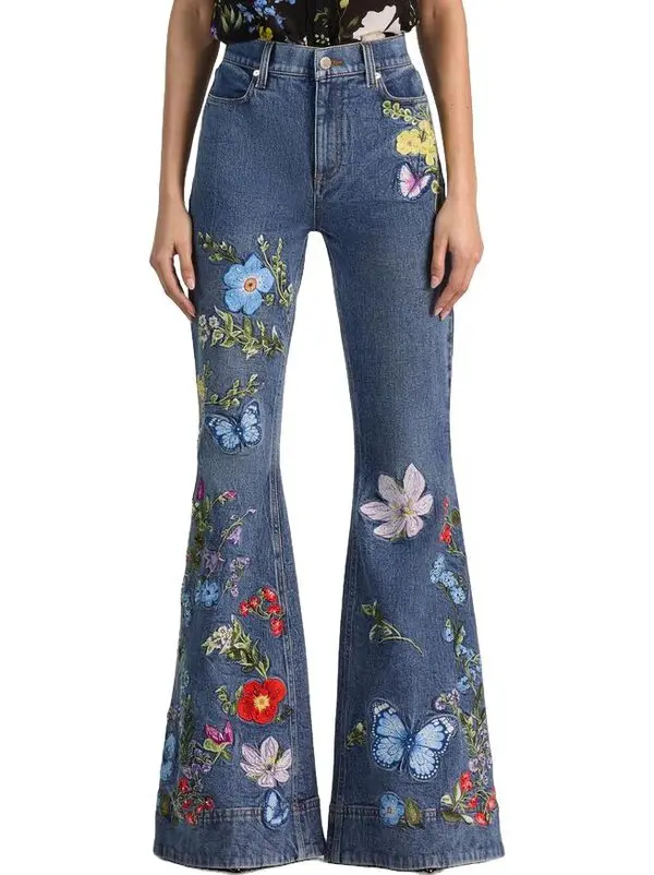 Alice + Olivia Embroidered Bell Bottom Jean - Blue