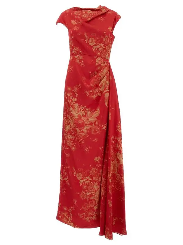 Erdem Floral Print Draped Duchesse Dress - Red