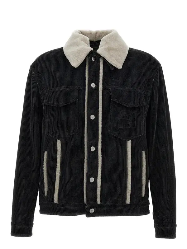 Fendi Corduroy Blouson Jacket With Shearling Collar - Black