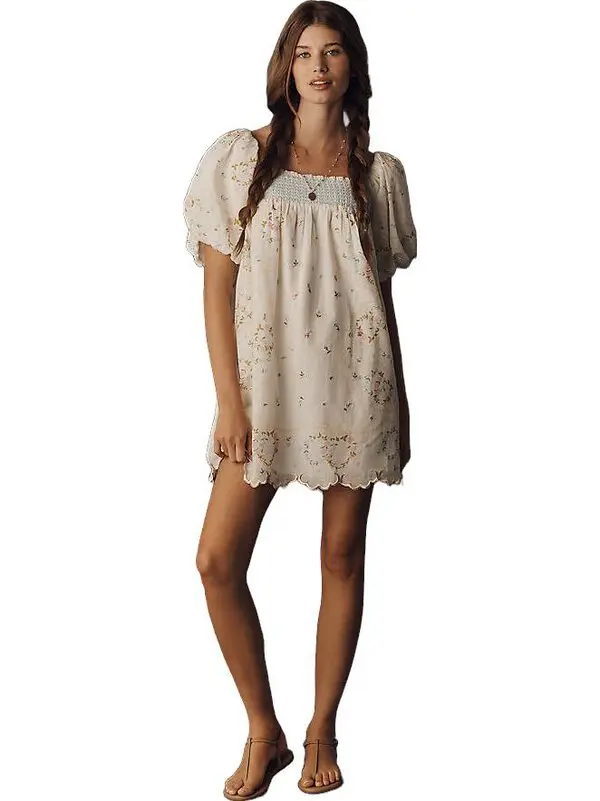 Anthropologie Embroidered Puff-sleeve Babydoll Dress - Ivory Floral