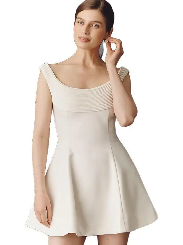 Bhldn Crepe Portrait Neckline Mini Dress - White Dahlia