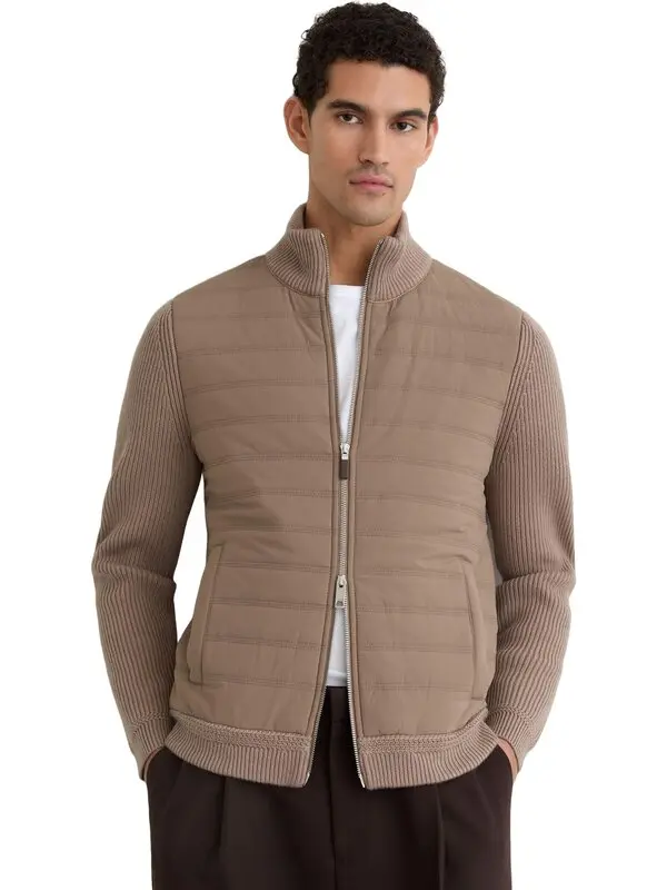 REISS Quilted Rib-knit Funnel-neck Jacket - Taupe Brown