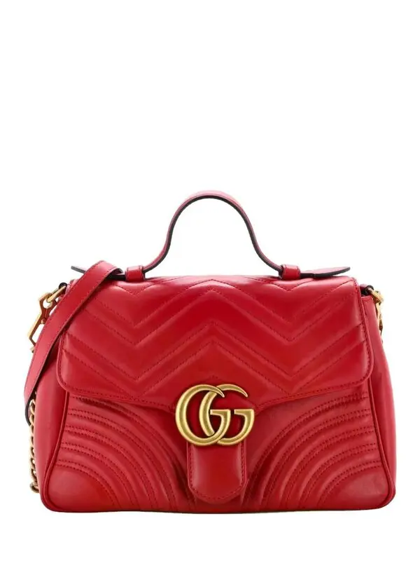 Gucci Gg Marmont Top Handle Flap Bag Matelasse Leather Small Satchel - Red