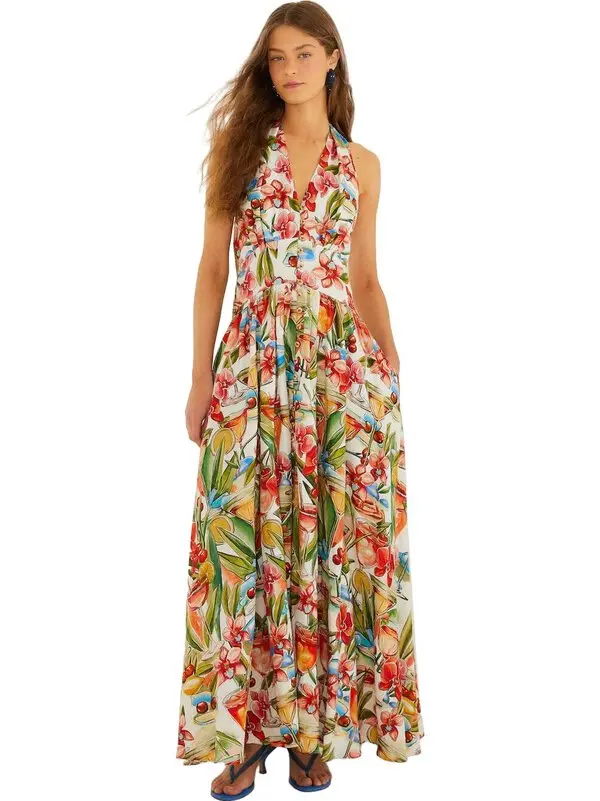 Farm Rio Maxi Halterneck Dress - Cocktail Off-white