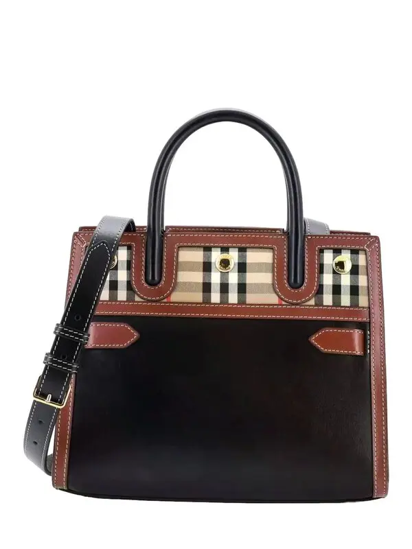 Burberry Tote Leather With Vintage Check Canvas Mini Satchel - Brown