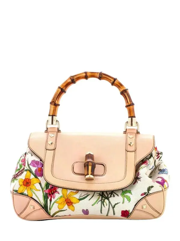 Gucci Bamboo Top Handle Flap Bag Flora Canvas Medium Satchel - Neutrals