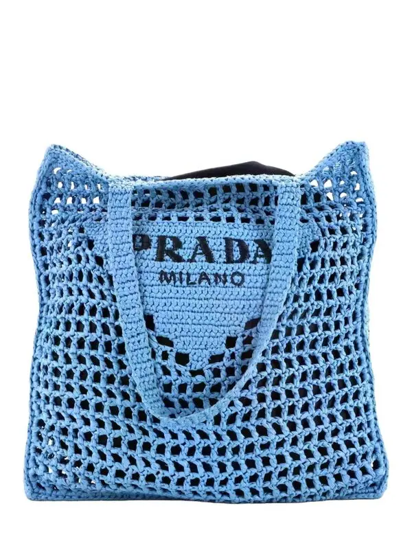Prada Triangle Logo Raffia Tote Bag - Blue