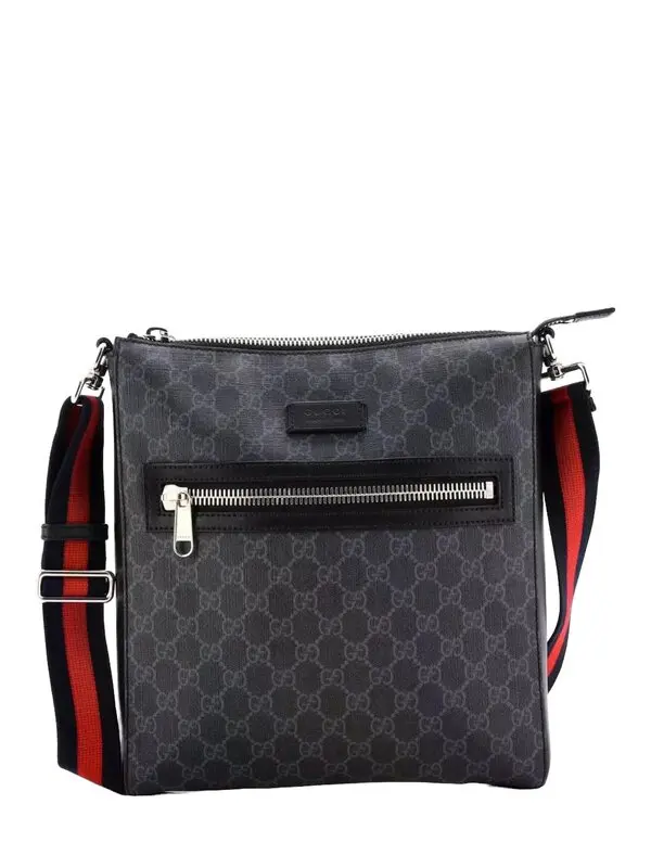Gucci Web Strap Front Zip Messenger Bag Gg Coated Canvas - Black