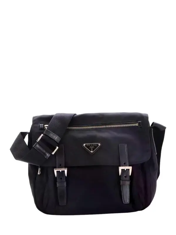 Prada Double Buckle Flap Messenger Bag Tessuto Large - Black