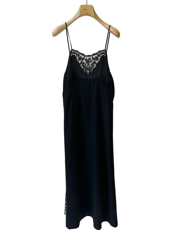 Chloé Long Lingerie Dress In Crêpe De Chine & Lace - Black