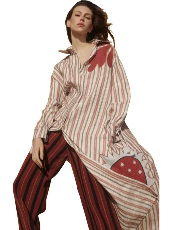 PAULA Almandine Stripes Linen Shirt Dress With Embroideries - Red