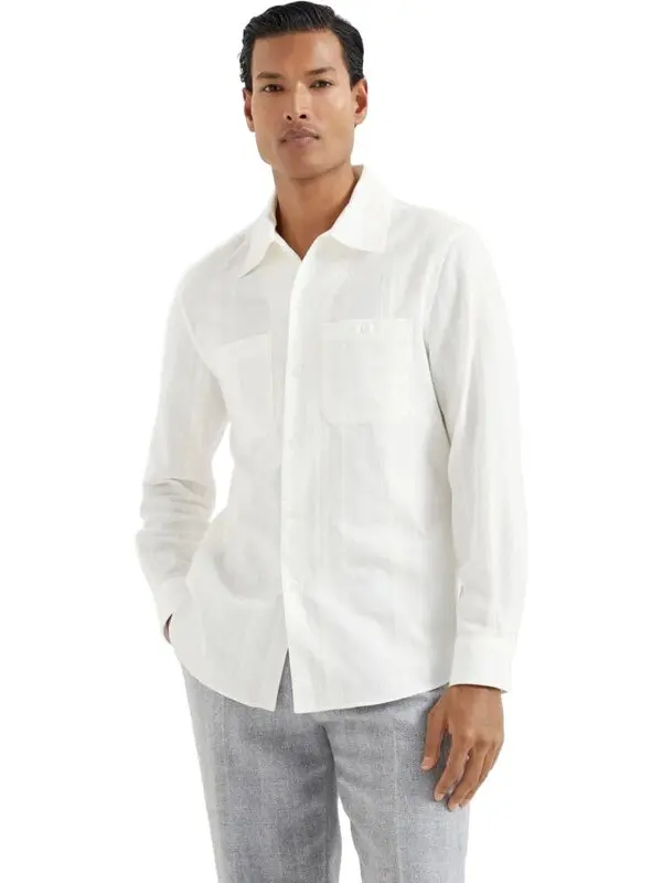 Brunello Cucinelli Tone-on-tone Jacquard Stripe Shirt With Chest Pockets - White