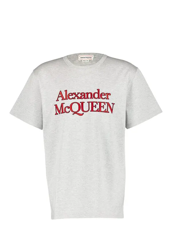 Alexander McQueen Logo Print Pale Grey Cotton T-shirt - White