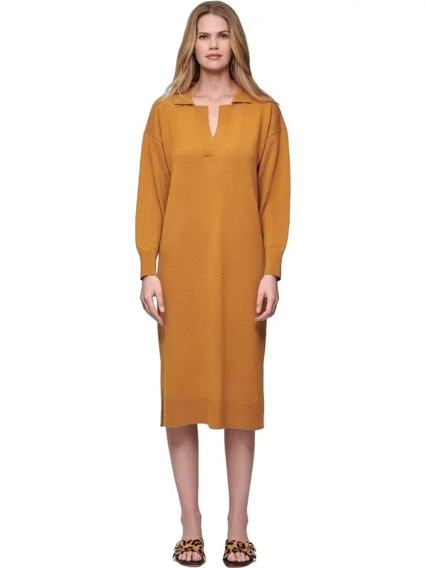 PAULA Maya Mustard V-neck Cashmere Midi Dress - Yellow