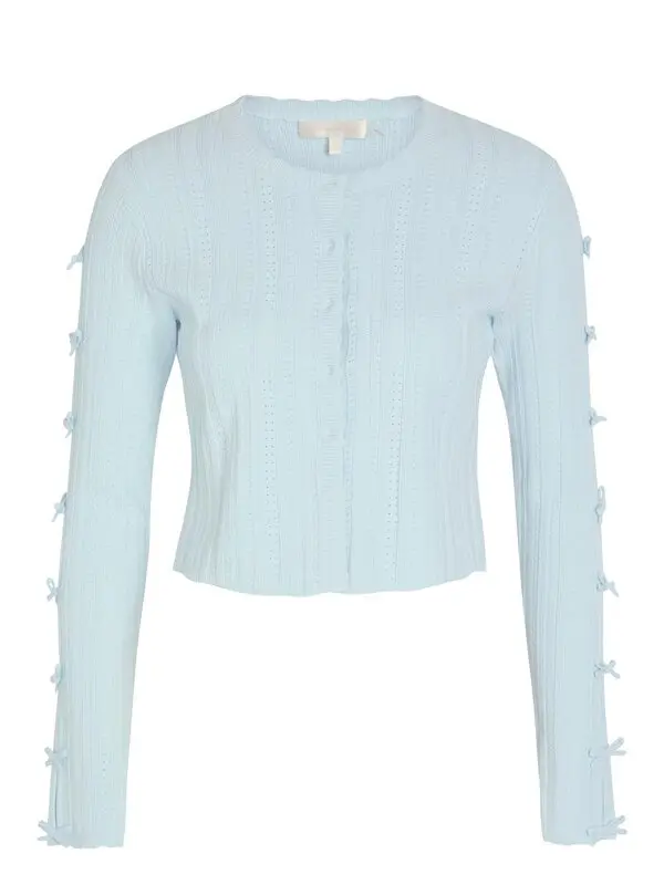 LoveShackFancy Bow-appliquéd Pointelle-knit Cardigan - Light Blue