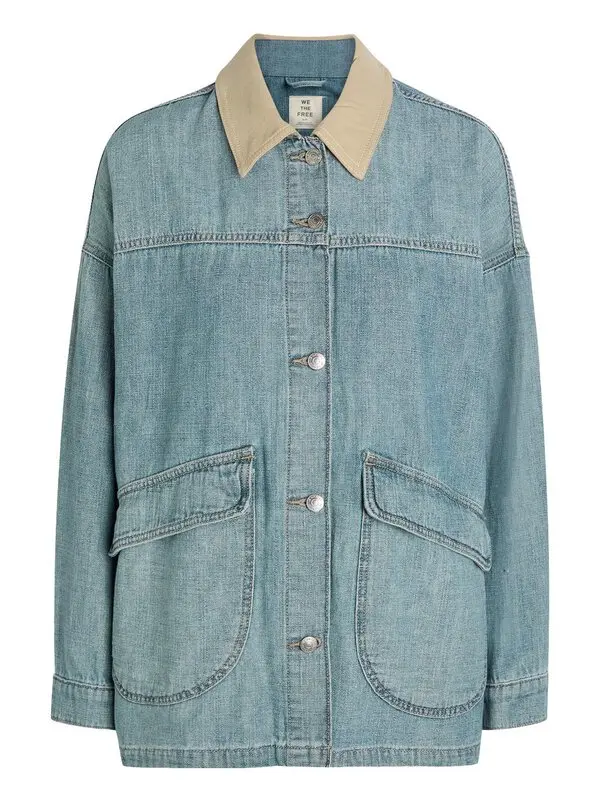 Free People Contrasting Collar Denim Jacket - Blue